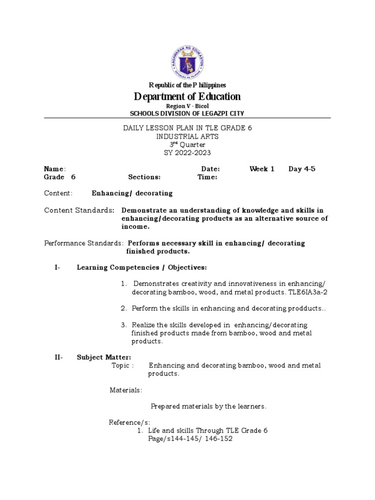 Grade 6 EPP Industrial Arts W1 Days 4 5 | PDF | Lesson Plan | Teaching