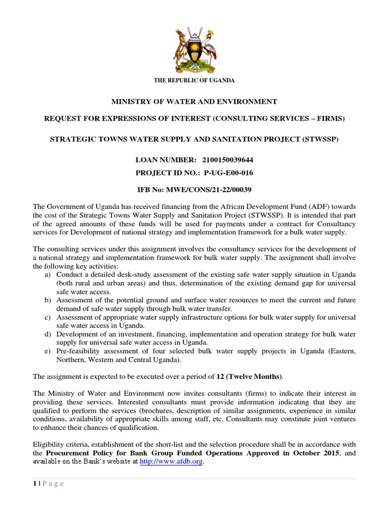 Uganda - Water Sector - Strategic Towns Water Ss and Sanitation Project ...