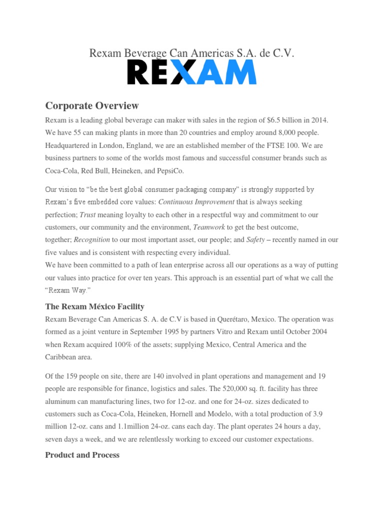 Rexam Beverage Can Americas S Profile Sheet 2016 (Premio Shingo ...