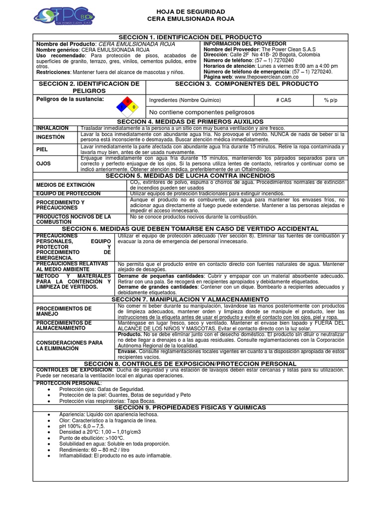 Hoja de Seguridad Cera Emulsionada | PDF | Agua | Toxicidad