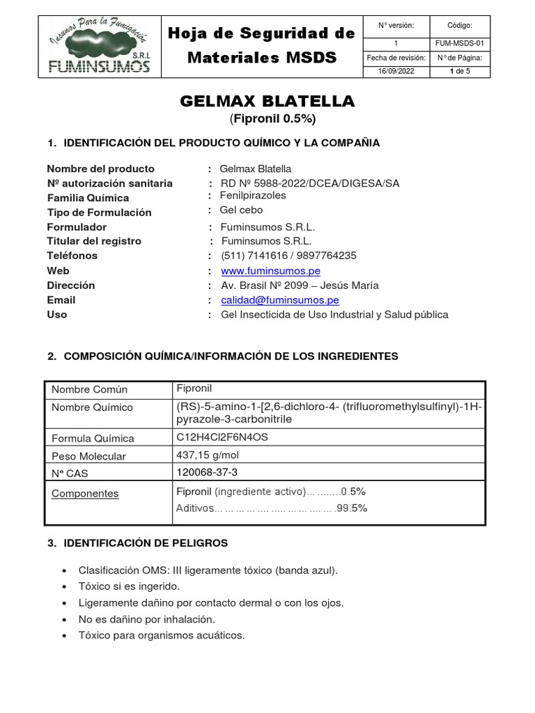 MSDS GELMAX BLATELLA V1 FUM-MSDS-01 | PDF | Agua | Residuos