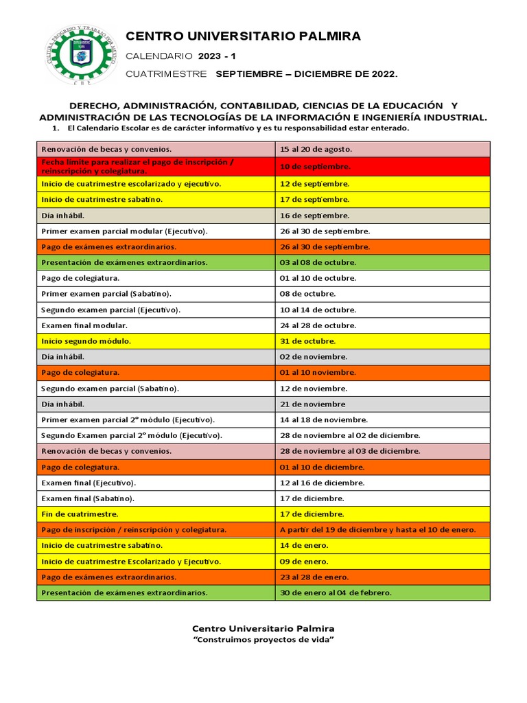 Calendario Escolar Cuatrimestre Sep - Dic 2023 - 1 | PDF