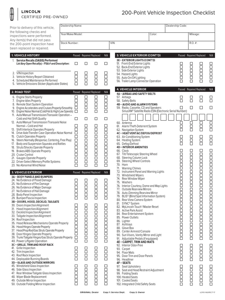 Vehicle Inspection Checklist | PDF | Trunk (Car) | Brake