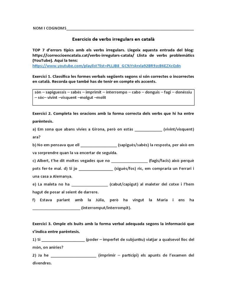 Exercicis de verbs irregulars en català | PDF