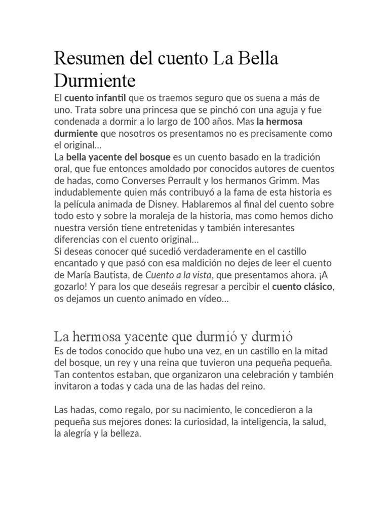Resumen Del Cuento La Bella Durmiente | PDF | Bella Durmiente | Cuentos de hadas