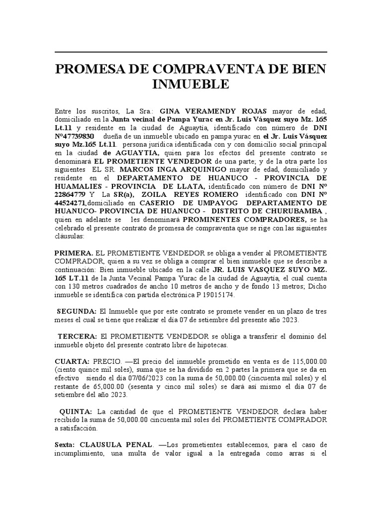 Modelo de Promesa de Compraventa de Bien Inmueble | PDF | Ley de obligaciones | Derecho empresarial