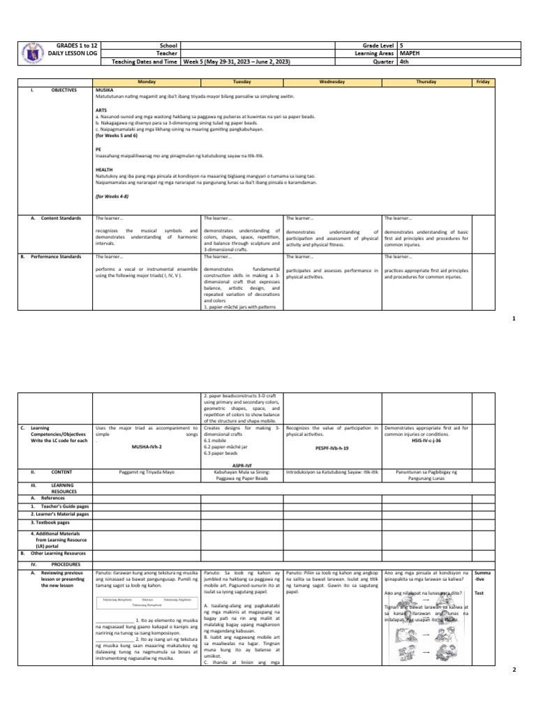 GRADE 5 MAPEH DLL Week 5 | PDF | Learning