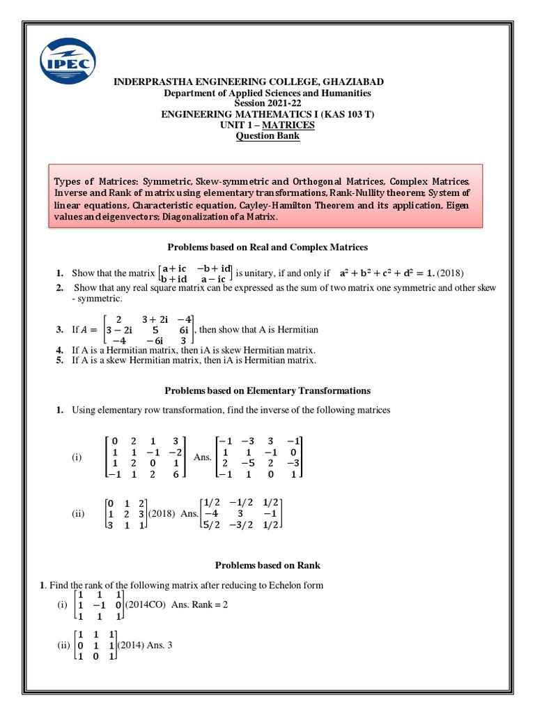 Maths Question Bank | PDF | Eigenvalues And Eigenvectors | Matrix (Mathematics)
