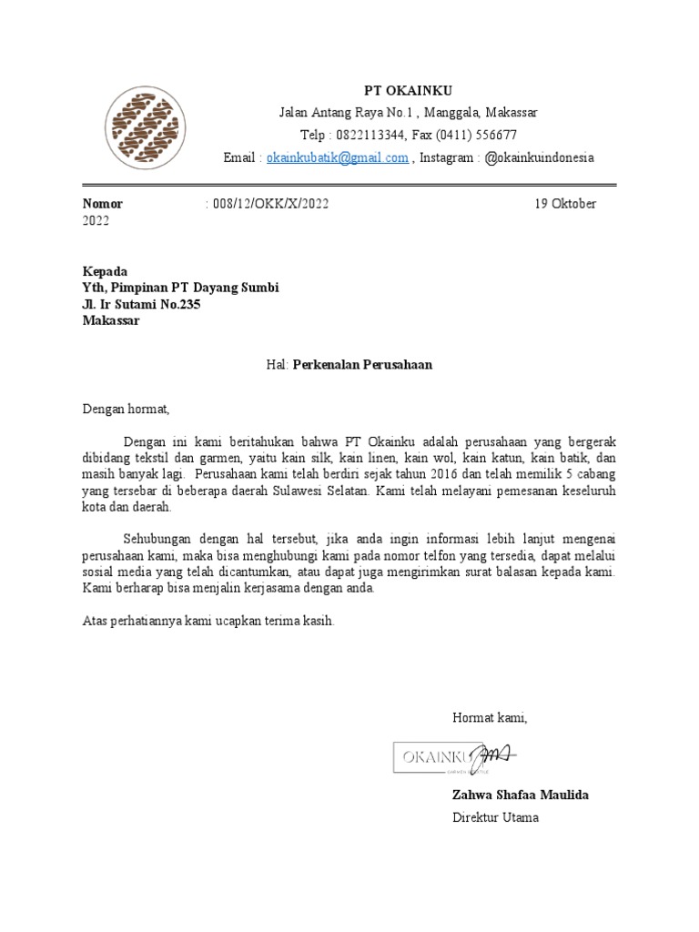 Surat Perkenalan Perusahaan | PDF