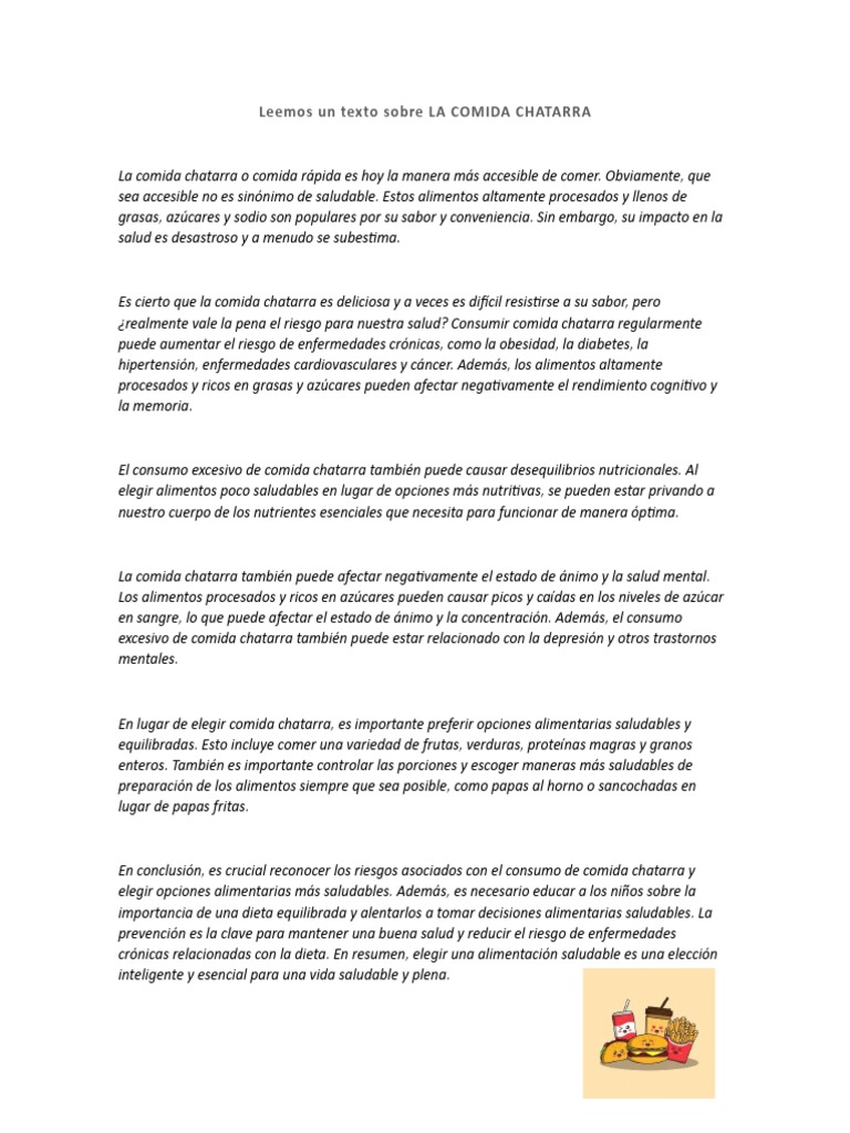 Lectura Sobre La Comida Chatarra | PDF | Comida chatarra | Alimentos