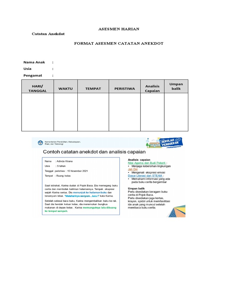 Format Asesmen Harian PAUD | PDF