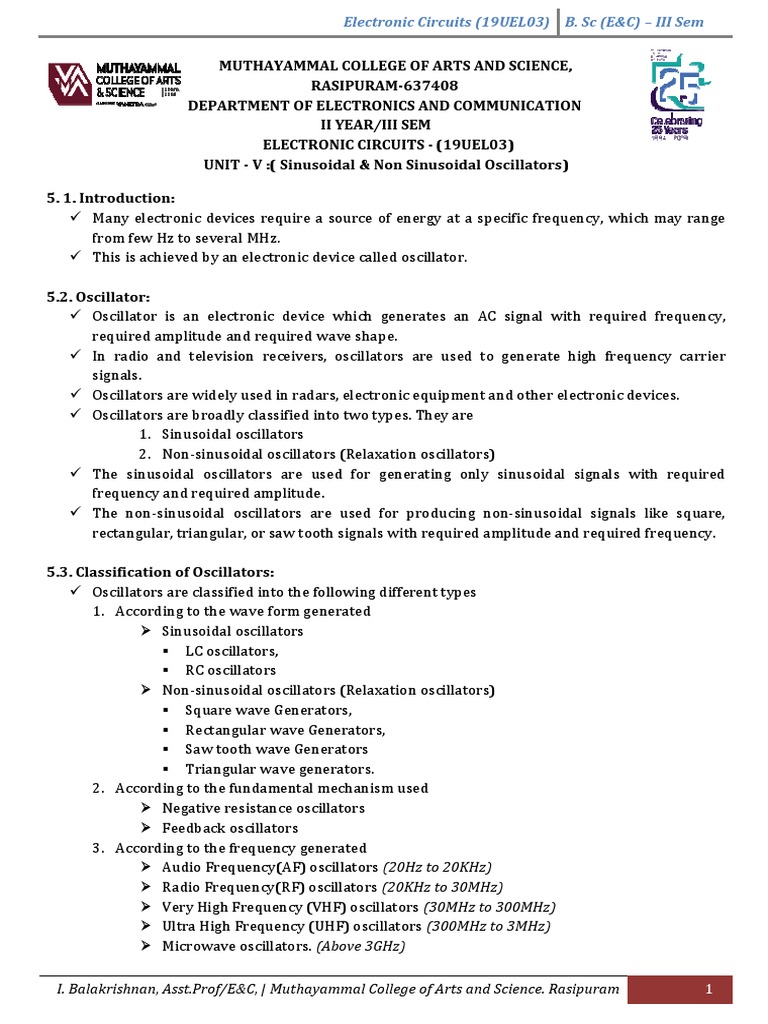 EC - Unit 5 - Sinusoidal and Non Sinusoidal Oscillators | PDF | Electronic Oscillator | Inductor