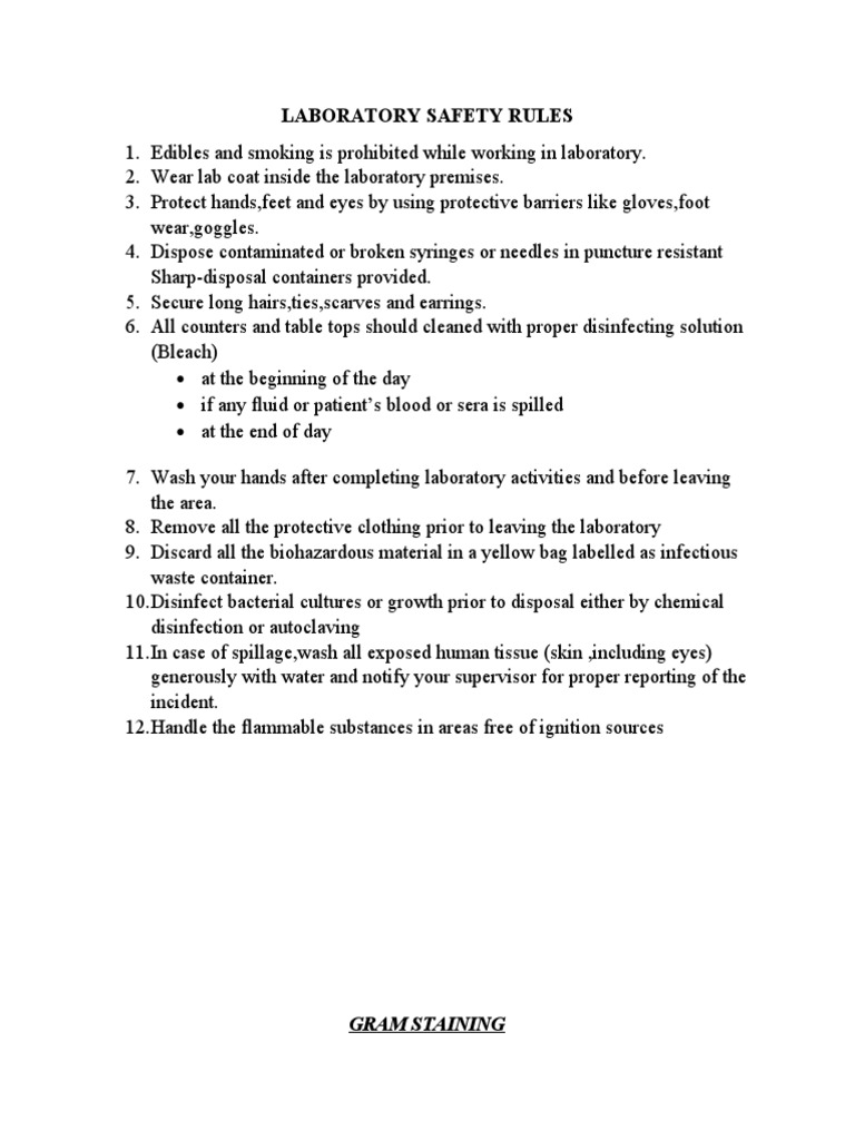 Lab Safety Rules and Gram Staining | PDF | Staining | Microscopy