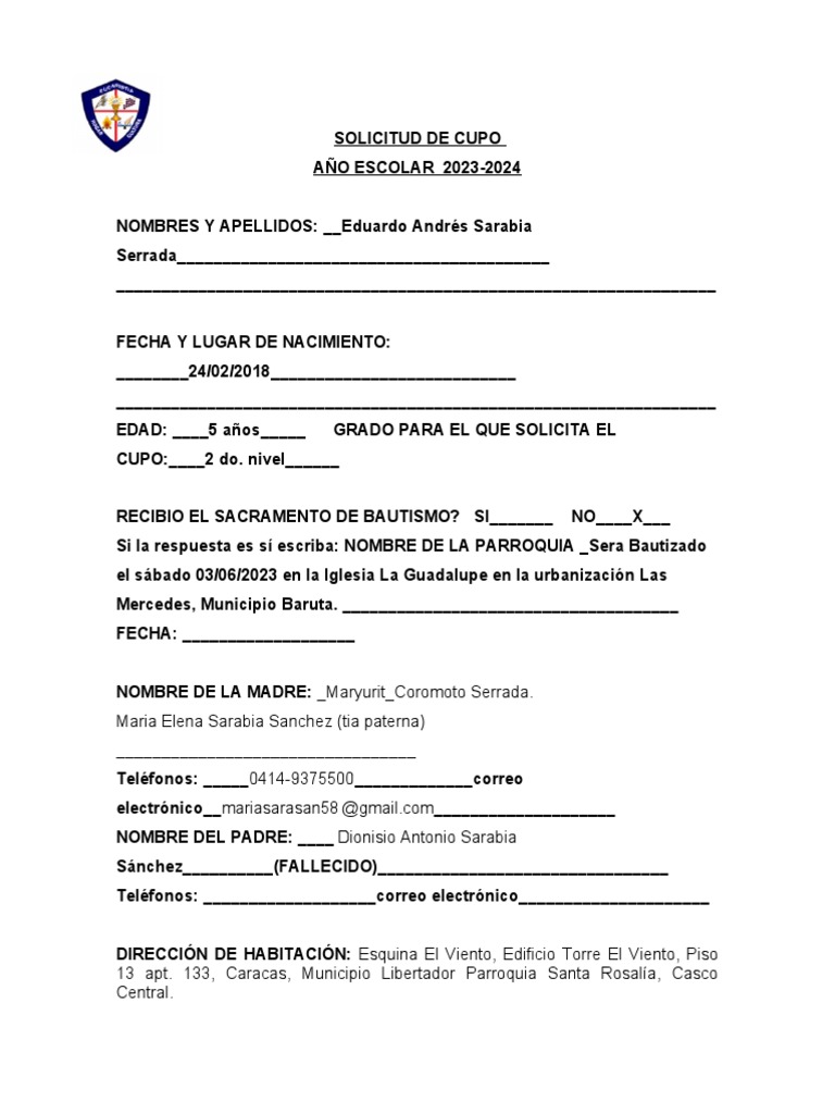 Solicitud de Cupo 2023-2024. | PDF