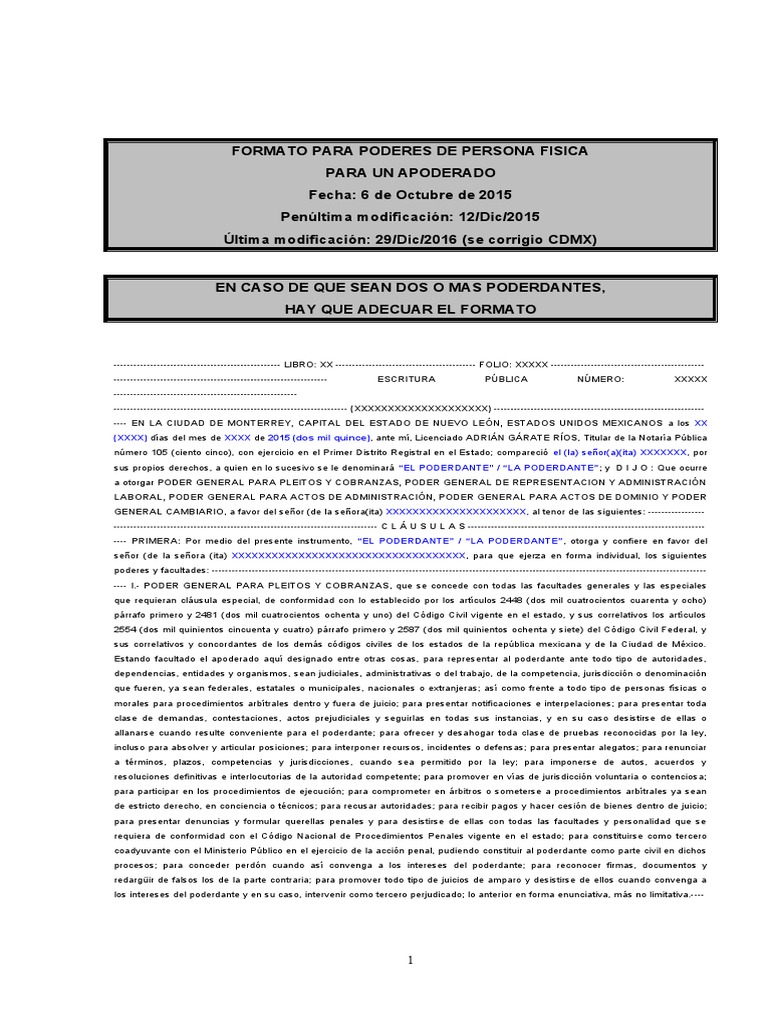 Formato para Poderes de Persona Fisica para 1 Apoderado | PDF | Jurisdicción | Propiedad