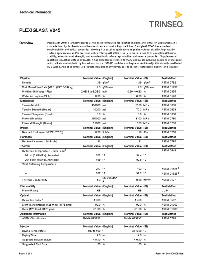 TDS - Acrylic V045 - From Trinseo | PDF | Poly(Methyl Methacrylate) | Secondary Sector Of The ...