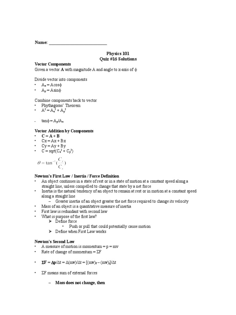 PHY 101 Quiz #16 Solutions | PDF | Force | Friction