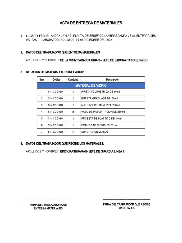 ACTA DE ENTREGA DE MATERIALES-LINEA 1 | PDF