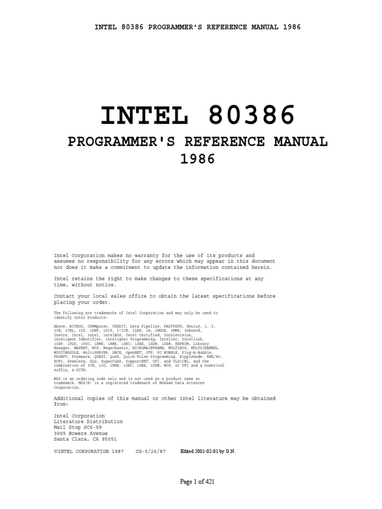 INTEL 80386: Programmer'S Reference Manual 1986 | PDF | Software Engineering | Integrated Circuit
