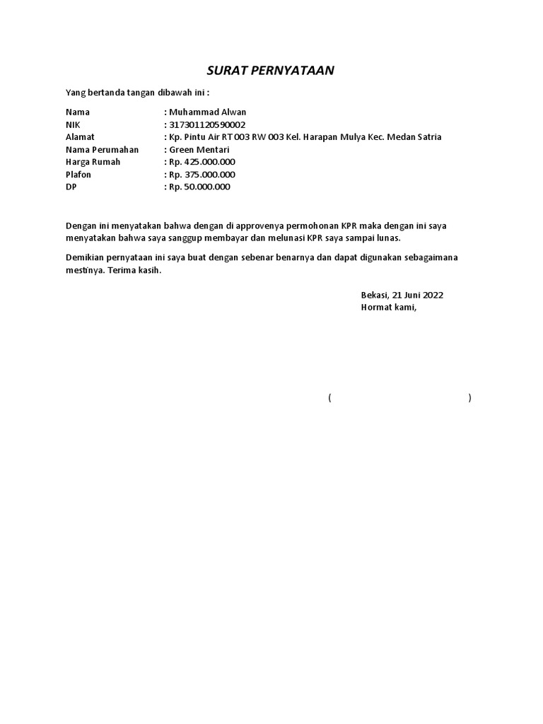 Surat Pernyataan Sanggup Bayar | PDF