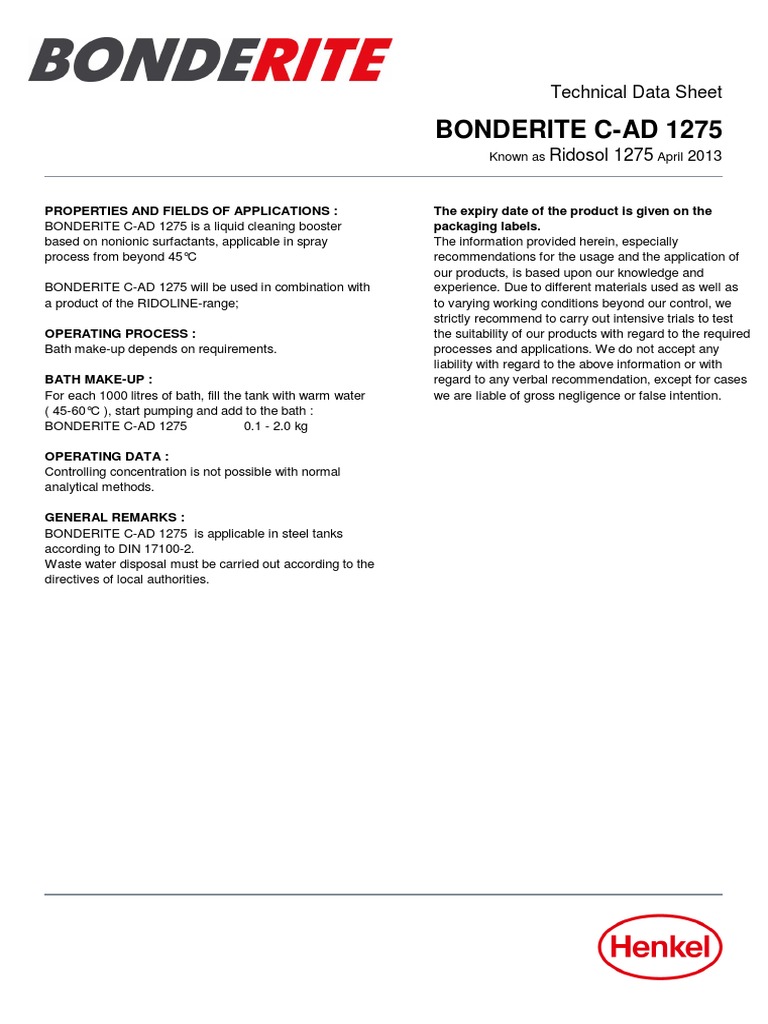 BONDERITE C-AD 1275 Known As Ridosol 1275 Etds | PDF | Legal Liability