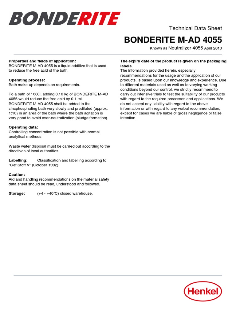 BONDERITE M-AD 4055 Known As Neutralizer 4055 Etds | PDF | Legal Liability | Information