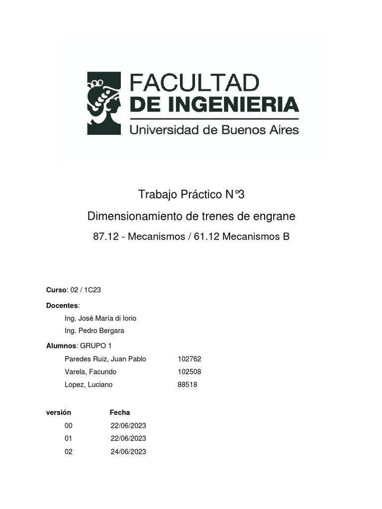 MecB - 1C 2023 - TP3 - Grupo 1 - Aprobado | PDF | Engranaje ...