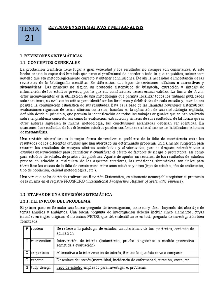 Tema 21. Revisiones Sistemáticas y Meta-Análisis. | PDF | Metaanálisis | Ensayo clínico