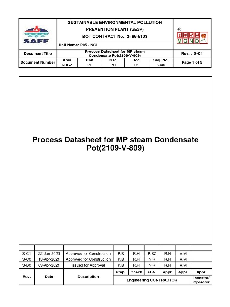 Process Datasheet For MP Steam Condensate Pot (2109-V-809) | PDF ...