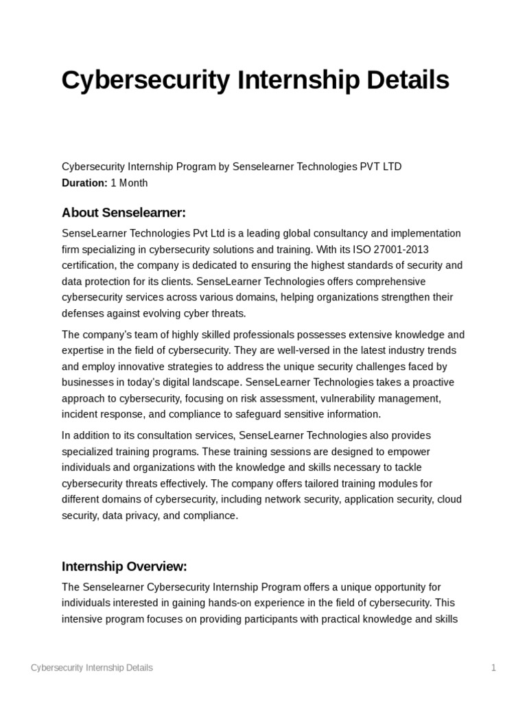 Cybersecurity Internship Details Pdf Computer Security Security