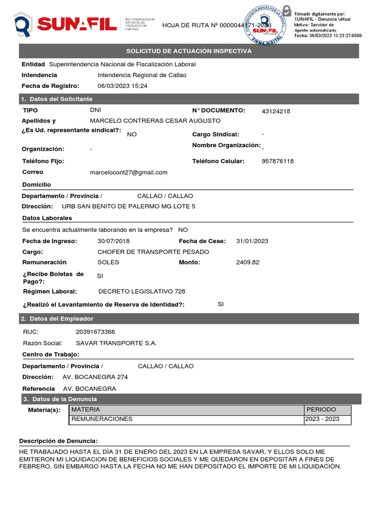Denuncia Sunafil | PDF | Finanzas y administración del dinero