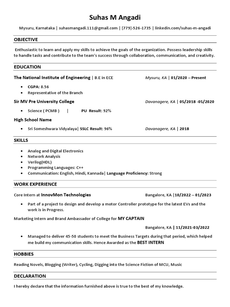 Suhas M Angadi: ECE Student & Intern | PDF | Business | Art