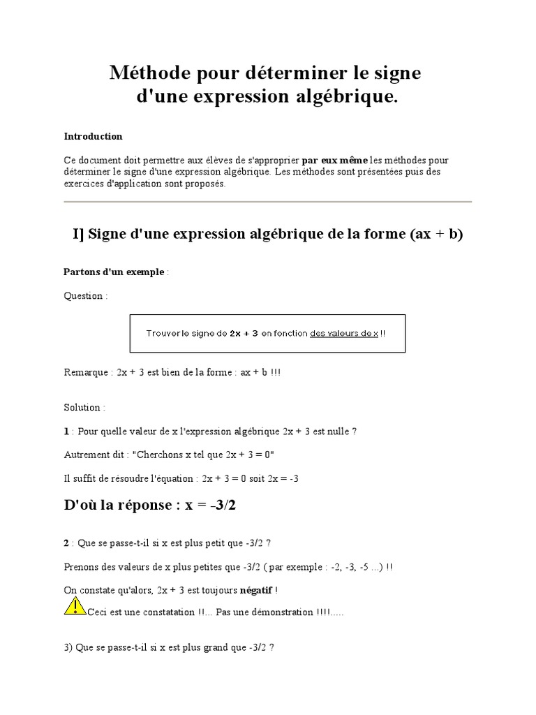 Méthode Pour Déterminer Le Signe D'une Expression Algébrique | PDF ...