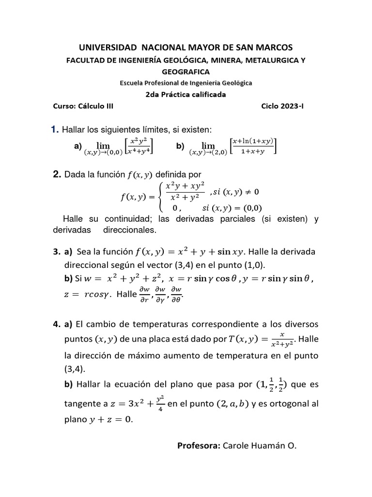 2da Practica Calificada de Calculo III..geologica 2023-I | PDF