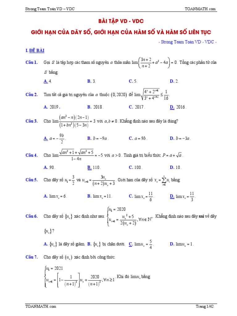 Bai Tap VD VDC Gioi Han Cua Day So Gioi Han Cua Ham So Va Ham So Lien Tuc | PDF