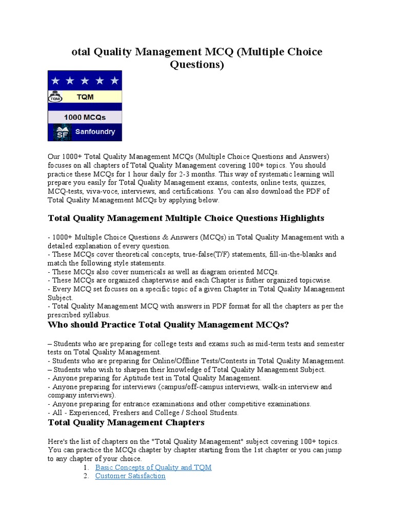Total Quality Management Multiple Choice Questions Highlights | PDF ...