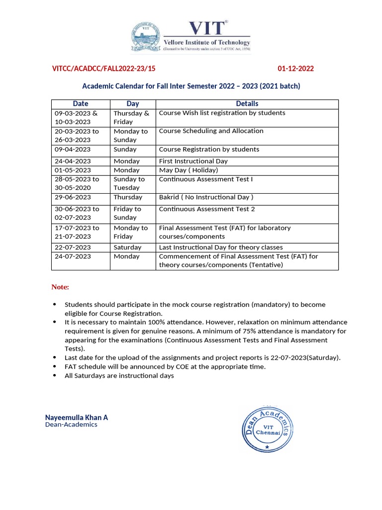 Academic Calendar15 - Fall Inter Semester 2022-2023 (2021 Batch) | PDF