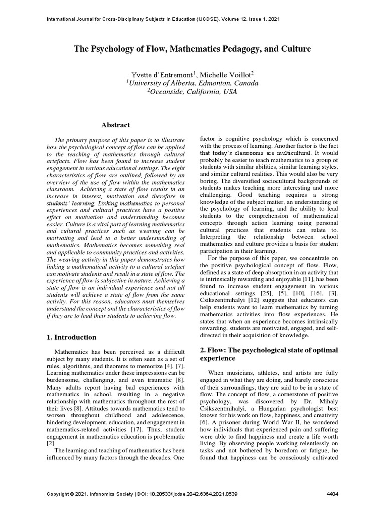 The Psychology of Flow Mathematics Pedagogy and Culture | PDF | Flow ...