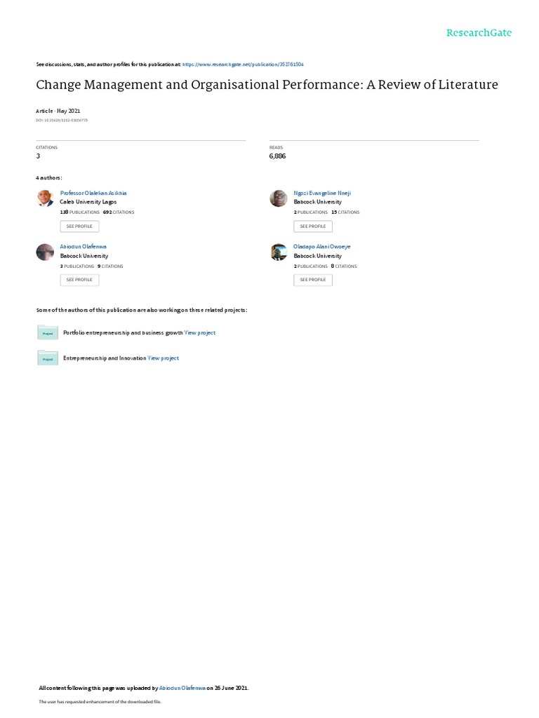 Change Management and Organisational Performance A Review of Literature ...