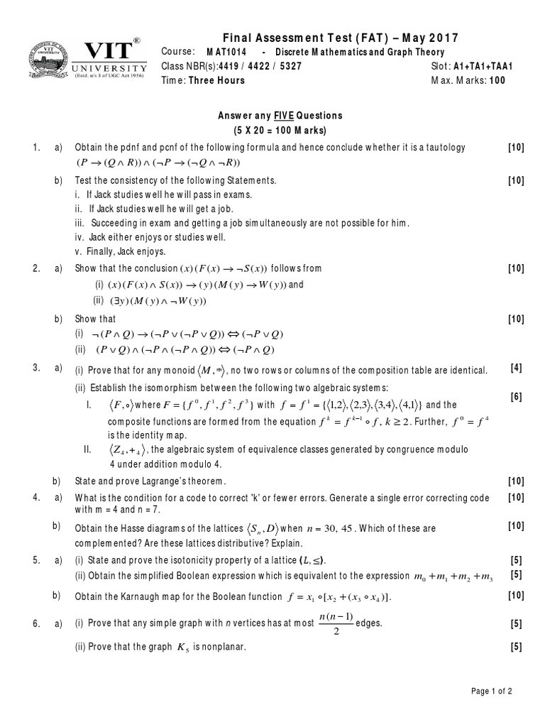 4-QUESTION PAPER MAT1014 - DMGT - Model QPs | PDF | Group (Mathematics) | Discrete Mathematics