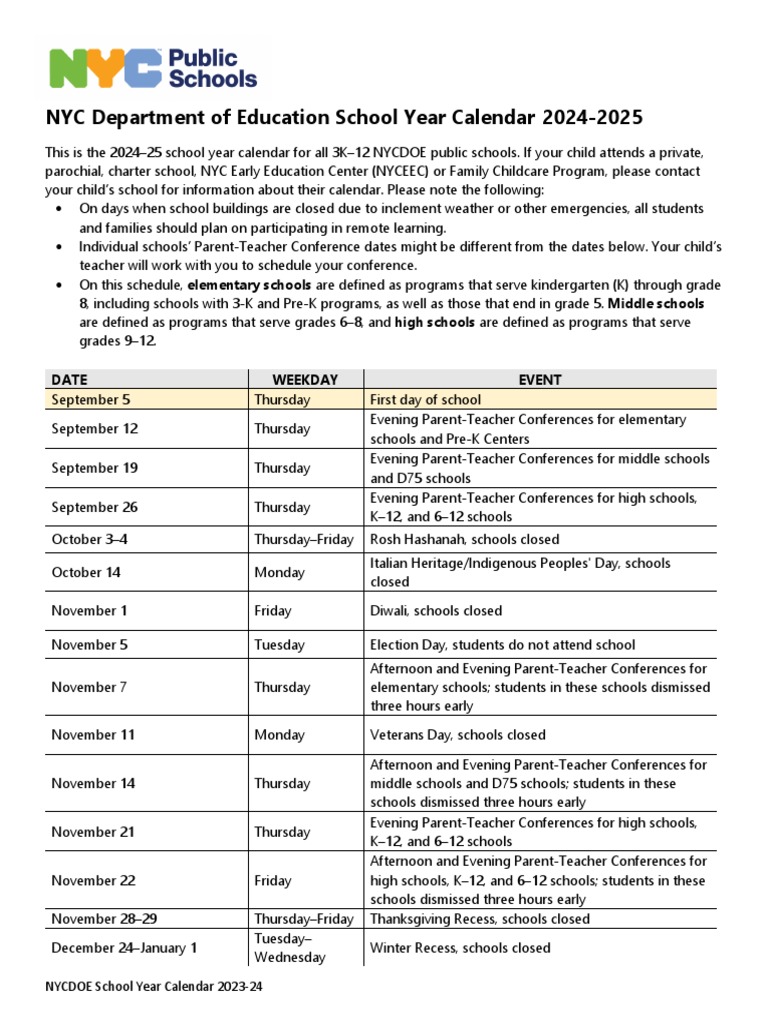 NYC DOE School Calendar 2024-25 | PDF | Schools | Academic Term