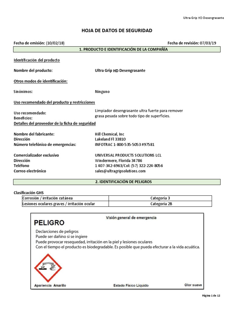 Ficha de Seguridad - MSDS ULTRA GRIP HD | PDF | Solubilidad | Agua