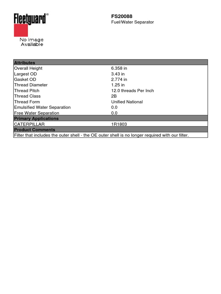 FS20088 Filtro Separador de Combustible Fleetguard (1R-1803) | PDF