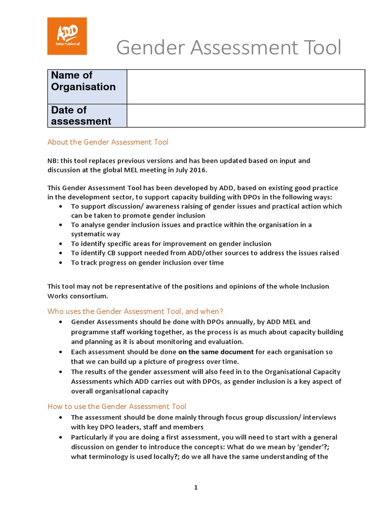 ADD Gender Assessment Tool Updated Jan 2020 | PDF | Gender | Gender Studies