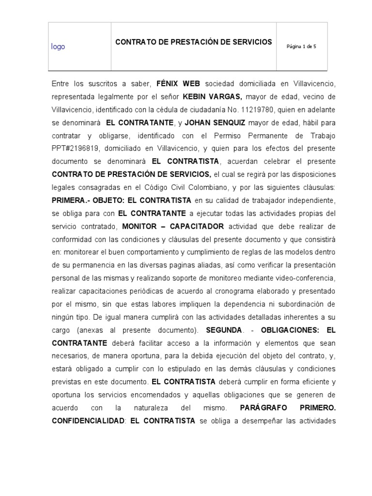 Contrato de Prestación de Servicios Monitor | PDF | Derecho laboral ...