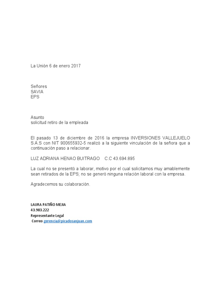 Carta para Retiro Savia | PDF