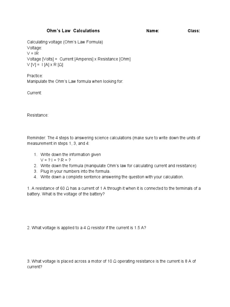 Ohm’s Law Worksheet | PDF