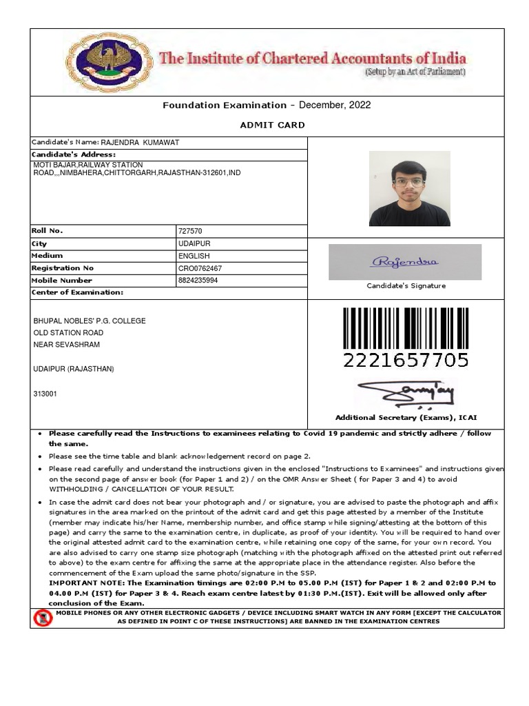 CA Foundation Admit Card Guidelines | PDF | Books
