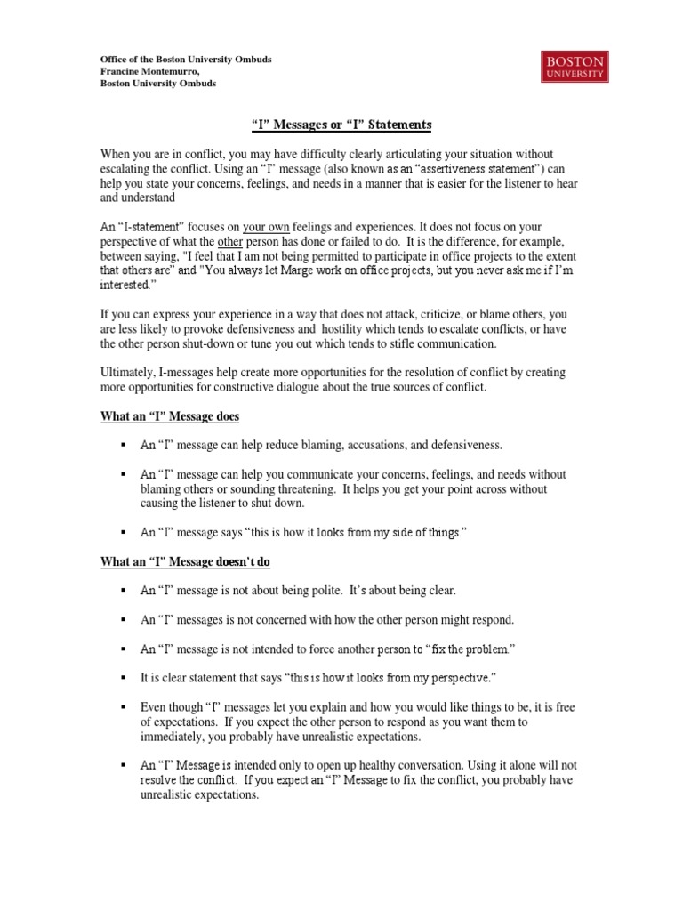 Assertive I Messages Handout | PDF | Cognition | Psychological Concepts