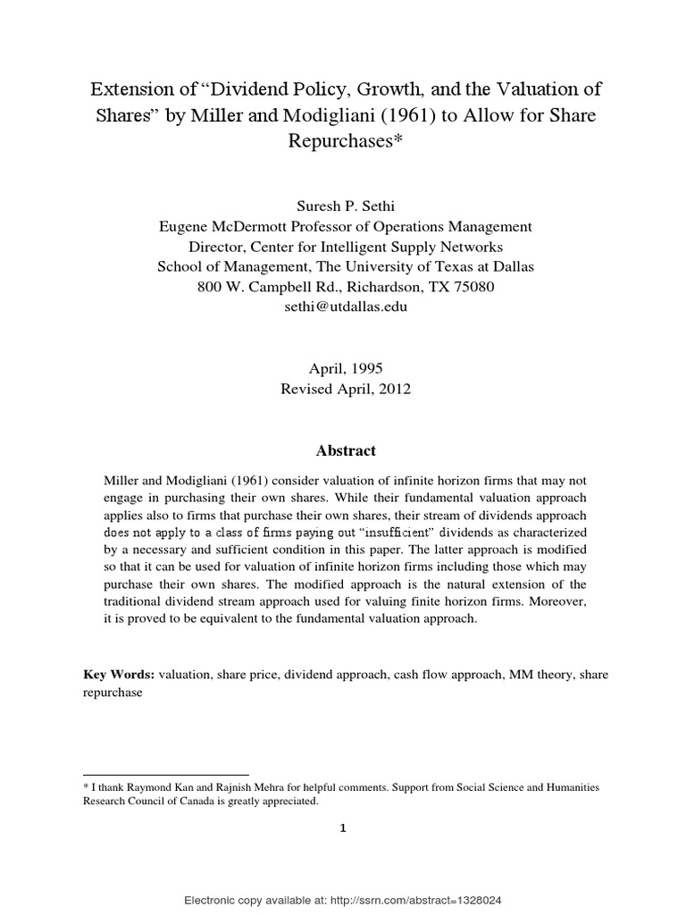 Share Repurchase Valuation Theory | PDF | Valuation (Finance) | Dividend